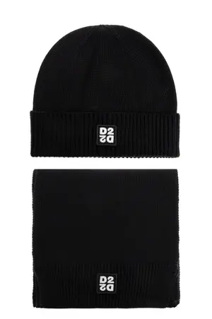 Dsquared2 Logo Patch Ribbed-knit Beanie And Scarf Set - Black