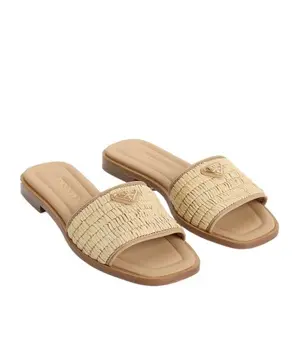 Prada Square Toe Logo Plaque Raffia Sandals