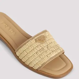 Prada Square Toe Logo Plaque Raffia Sandals
