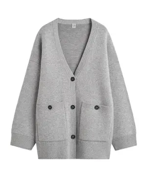 TOTEME Longline Cardigan With V-neck And Patch Pockets - Light Grey