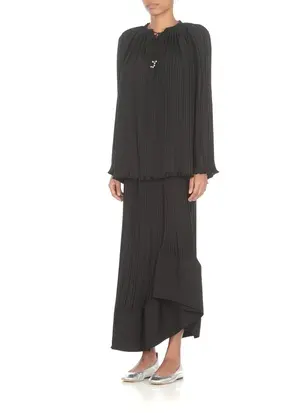 LANVIN Long-sleeved Pleated Blouse With V-neck And Rope Detail - Black
