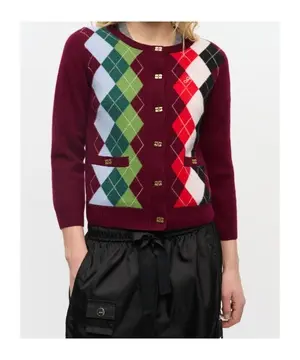 GANNI Crew Neck Argyle Cardigan - Multicolor