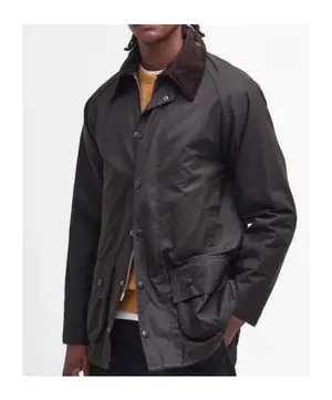 Barbour Waxed Jacket With Plaid Lining And Corduroy Collar