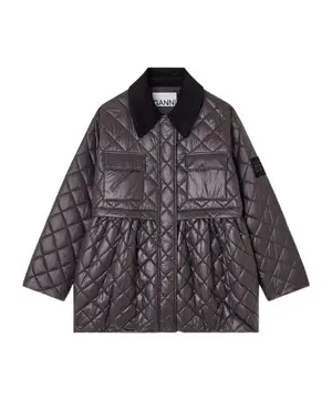 GANNI Quilted Midi Jacket With Lapel Collar - Phantom Black