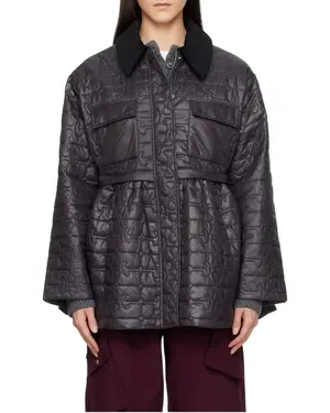 GANNI Quilted Midi Jacket With Lapel Collar - Phantom Black