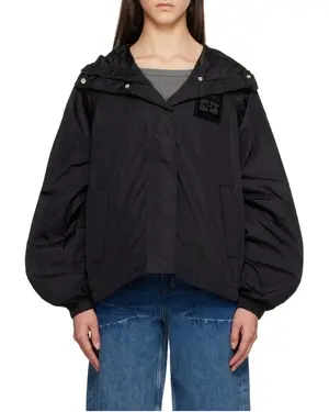 GANNI Hooded Long Sleeve Jacket With Graphic Detail - Black