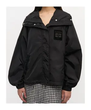 GANNI Hooded Long Sleeve Jacket With Graphic Detail - Black