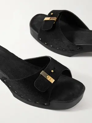 Khaite Britt Clog Haircalf Buckle Mules - Black