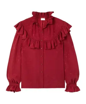 Saint Laurent Stand-collar Ruffled Blouse With Floral Jacquard