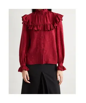 Saint Laurent Stand-collar Ruffled Blouse With Floral Jacquard
