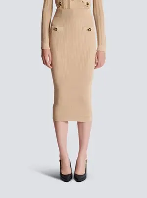 Balmain Ribbed Pencil Skirt With Button Details