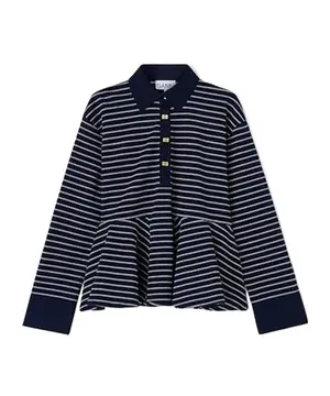 GANNI Striped Peplum Polo T-shirt - Navy Blue