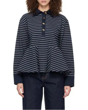 GANNI Striped Peplum Polo T-shirt - Navy Blue