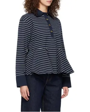 GANNI Striped Peplum Polo T-shirt - Navy Blue