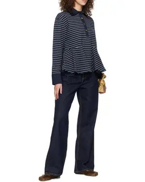 GANNI Striped Peplum Polo T-shirt - Navy Blue