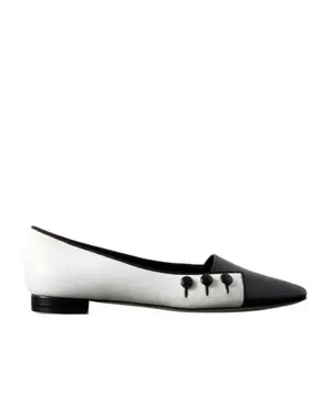 Manolo Blahnik Black And Leather Pointed Toe Flat Shoes With Button Embellishments