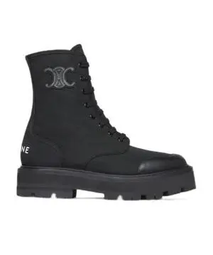 Celine Bulky Laced Up Boots In Nylon And Shiny Bull