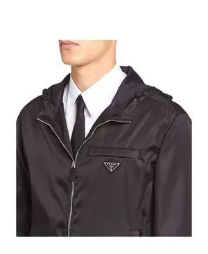 Prada Logo Plaque Zip-up Hooded Jacket - Black