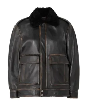 Nour Hammour Distressed Shearling-trimmed Leather Jacket - Black