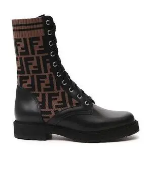 Fendi Leather Biker Boots With Stretch Fabric And Logo Detailing - Black