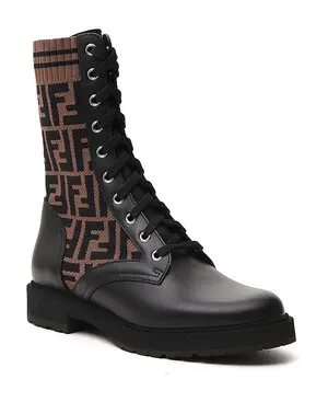 Fendi Leather Biker Boots With Stretch Fabric And Logo Detailing - Black