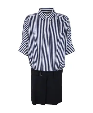 Sacai Striped Shirt Dress With Chest Patch Pocket And Belted Skirt - No