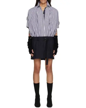 Sacai Striped Shirt Dress With Chest Patch Pocket And Belted Skirt