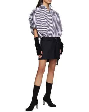 Sacai Striped Shirt Dress With Chest Patch Pocket And Belted Skirt