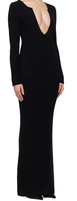 AYA MUSE Ribbed Plunge Neck Long Sleeve Maxi Dress