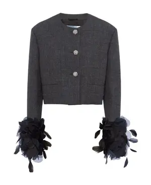 Prada Cropped Jacket With Jewel Buttons And Feather Cuffs - Slate Grey