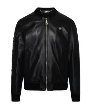 Philipp Plein Embossed Logo Leather Bomber Jacket