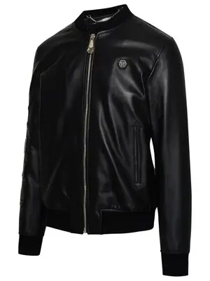 Philipp Plein Embossed Logo Leather Bomber Jacket