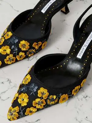 Manolo Blahnik Pointed Toe Slingback High Heel Sandals With Floral Embroidery