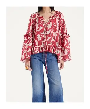 La DoubleJ Ruffled Tie-neck Boho Blouse - Red