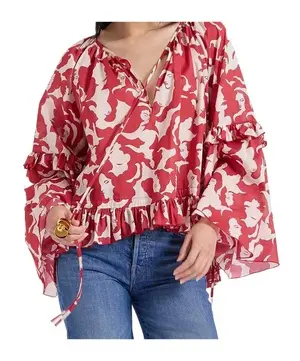 La DoubleJ Ruffled Tie-neck Boho Blouse - Red