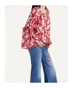 La DoubleJ Ruffled Tie-neck Boho Blouse - Red