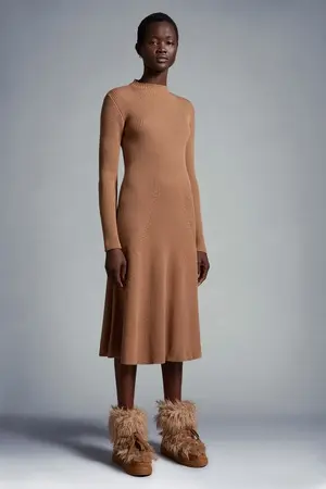 Moncler Ribbed Knit Midi Dress With Logo Patch