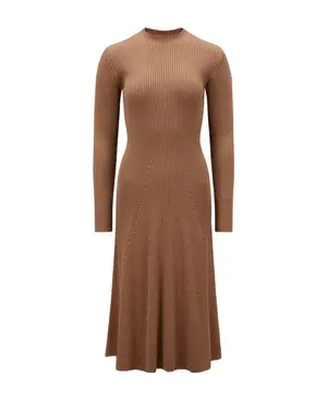 Moncler Ribbed Knit Midi Dress With Logo Patch - Brown