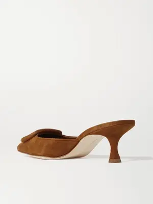 Manolo Blahnik Maysale 50 Buckle Suede Mules - Tan