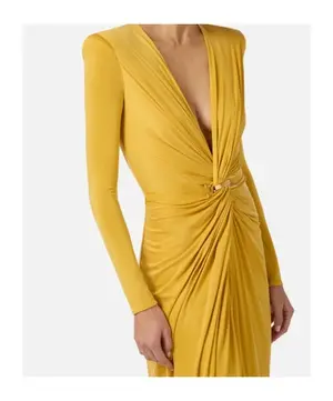 Elisabetta Franchi Plunging V-neck Long Sleeve Gown With Embellished Skirt Slit