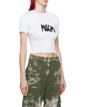 MSGM Logo Printed Smocked Cropped Top