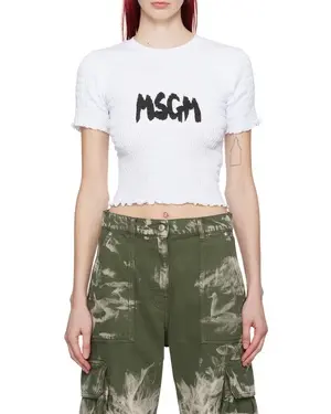 MSGM Logo Printed Smocked Cropped Top
