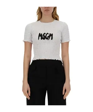 MSGM Logo Printed Smocked Cropped Top
