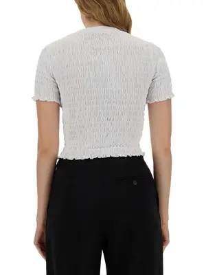 MSGM Logo Printed Smocked Cropped Top