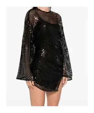 Attico Long Sleeve Sequin Embellished Crewneck Dress