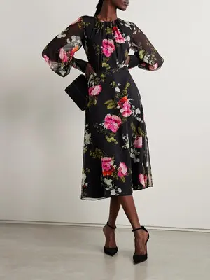 Erdem Round Neck Floral Print Long Sleeve Midi Dress