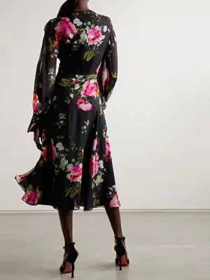 Erdem Round Neck Floral Print Long Sleeve Midi Dress