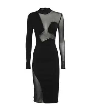 John Richmond Sheer Paneled Embellished Long Sleeve Dress