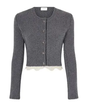 Magda Butrym Cropped Lace-trimmed Ribbed Wool Cardigan - Grey