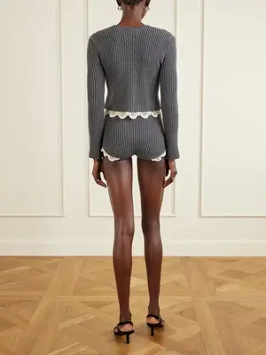 Magda Butrym Cropped Lace-trimmed Ribbed Wool Cardigan - Grey